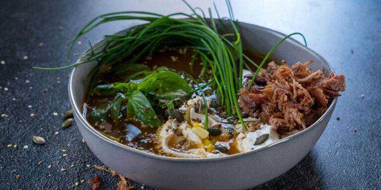 Eskort - Breakfast Broth with Poached Eggs & Pulled Pork - Eskort